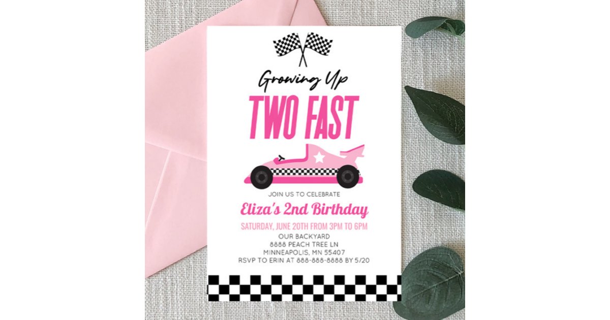 Two Fast Pink Race Car 2nd Birthday Party Invitation | Zazzle