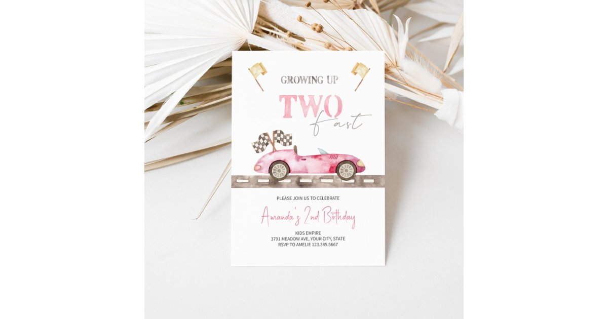 TWO Fast Pink Race Car Birthday Invitation | Zazzle