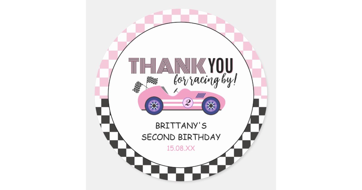 Two Fast Pink Race Car Second Birthday Classic Round Sticker | Zazzle