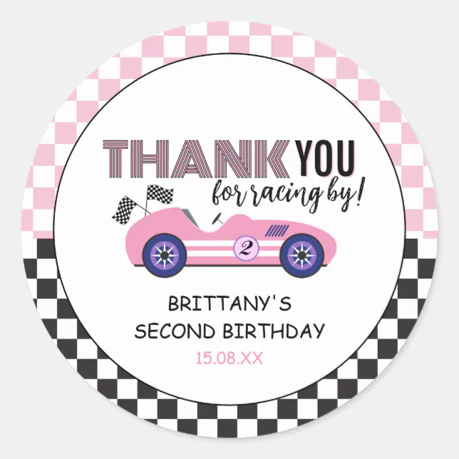 Two Fast Pink Race Car Second Birthday Classic Round Sticker | Zazzle