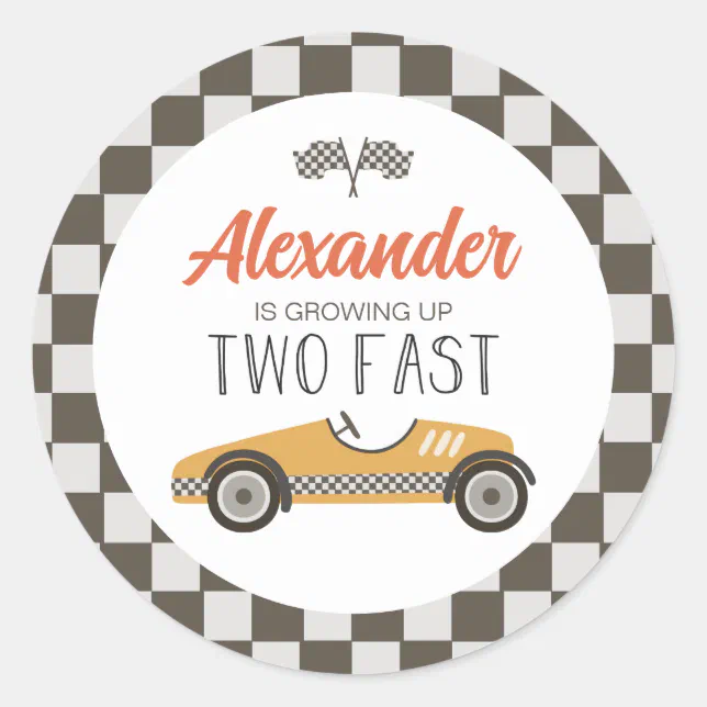 Two Fast Race Car Birthday Classic Round Sticker | Zazzle
