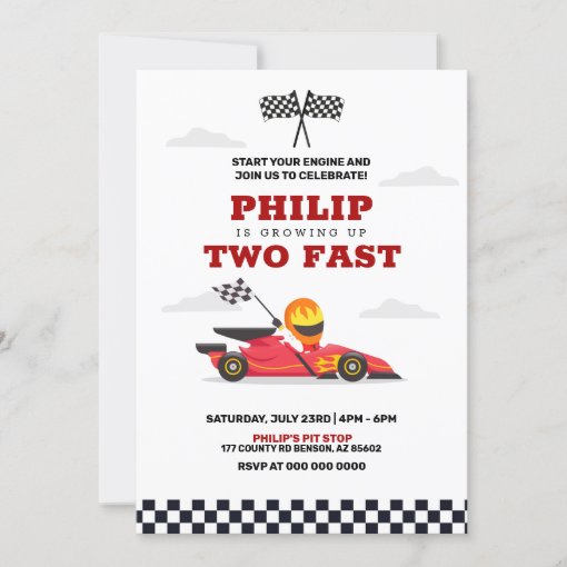 Two Fast Race Car Racing Boy Birthday Party Invitation | Zazzle