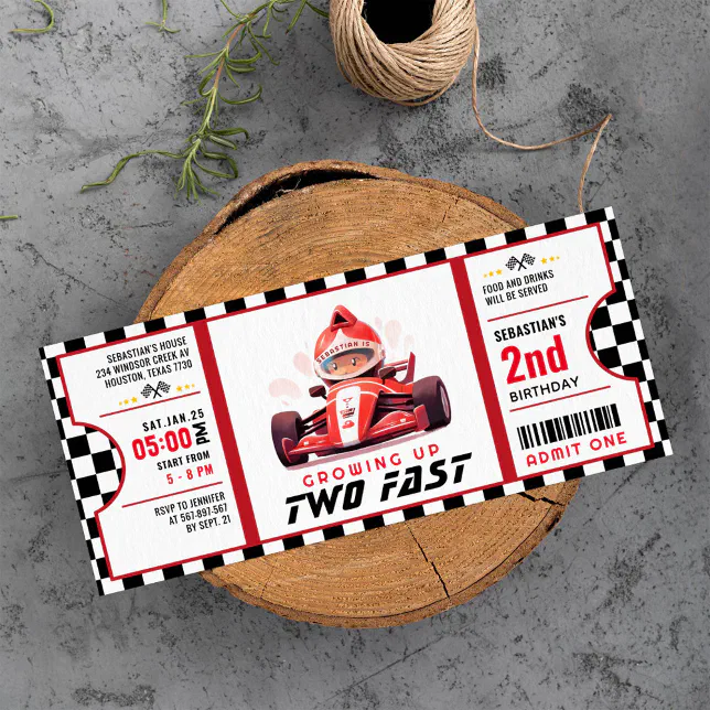 Two Fast Race Car Ticket Pass Second Birthday Invi Invitation | Zazzle