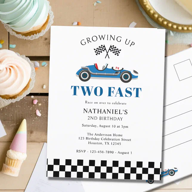 Two Fast Racing Car 2nd Birthday Celebration Postcard | Zazzle