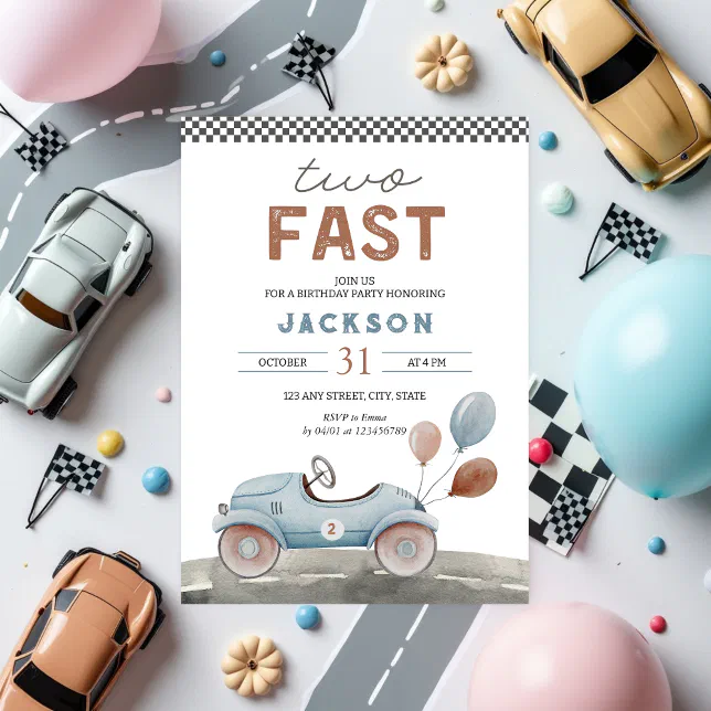 TWO Fast Racing Car Blue Boy 2nd Birthday Invitation | Zazzle