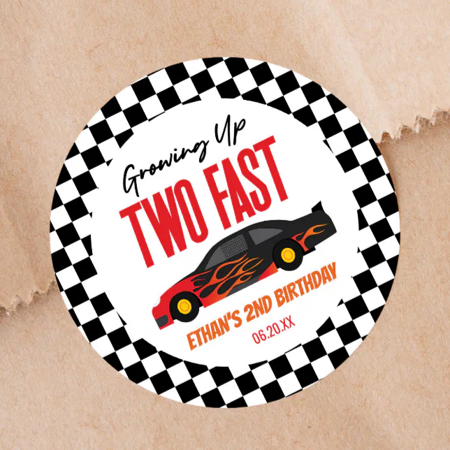 Two Fast Red Flame Race Car 2nd Birthday Party Classic Round Sticker ...
