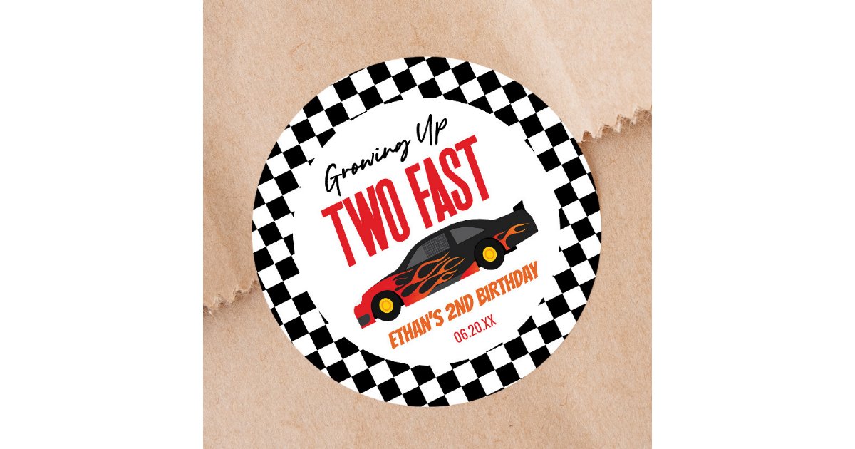 Two Fast Red Flame Race Car 2nd Birthday Party Classic Round Sticker ...