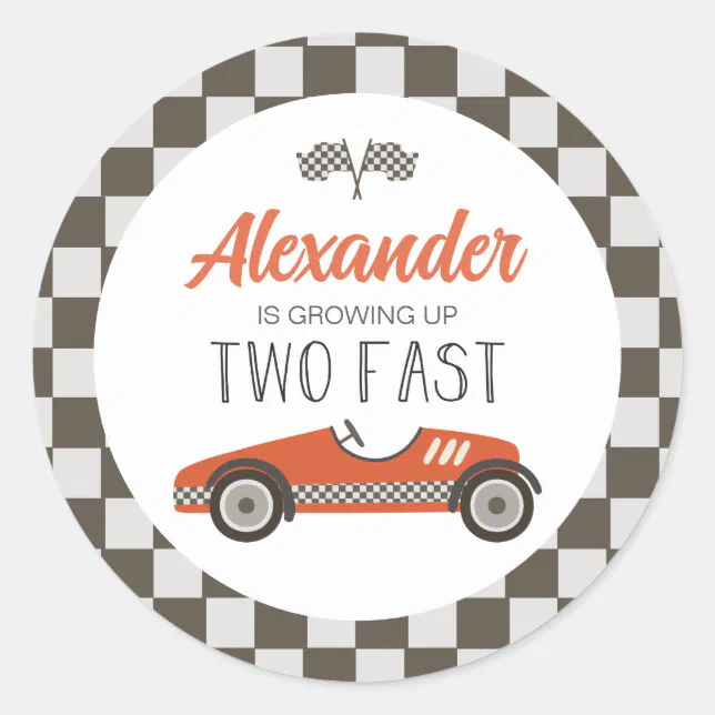 Two Fast red Race Car Birthday Classic Round Sticker | Zazzle