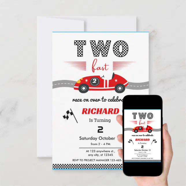 Two Fast Red Race Car Birthday Invitation | Zazzle