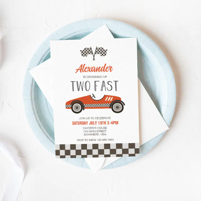 Two Fast Red Race Car Birthday Invitation | Zazzle