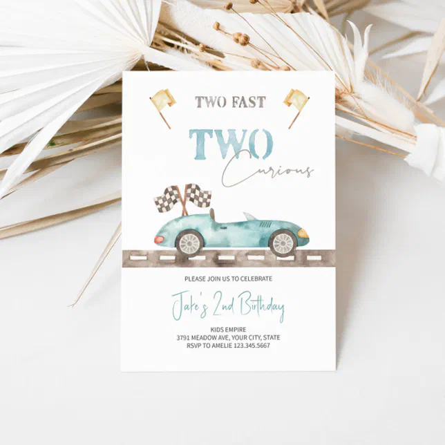 TWO Fast TWO Curious Race Car Birthday Invitation | Zazzle