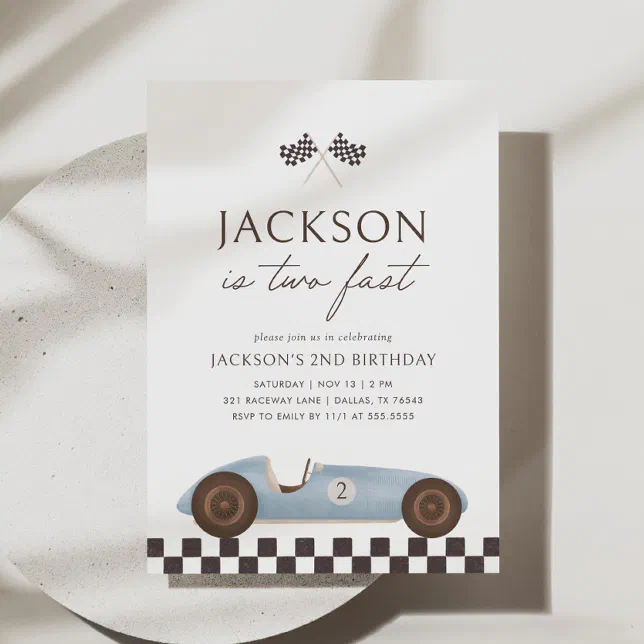 Two Fast Vintage Race Car Boy 2nd Birthday Invitation | Zazzle