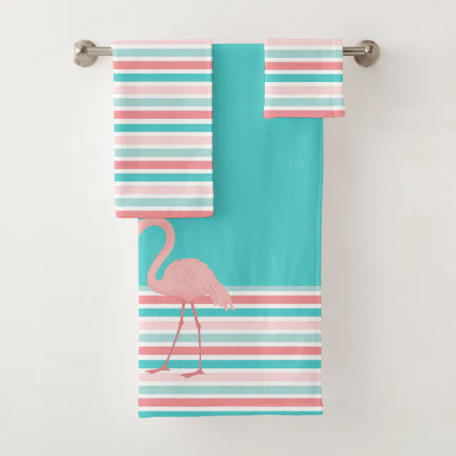 Two Flamingos Teal Pink Stripe Bath Towel Set | Zazzle