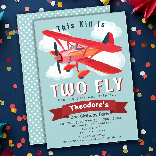 Two Fly Plane Kids 2nd Birthday Invitation | Zazzle