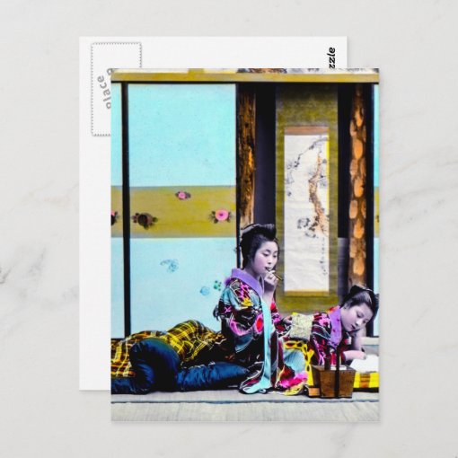 Two Geisha Smoking Before Bed Vintage Japan Postcard | Zazzle