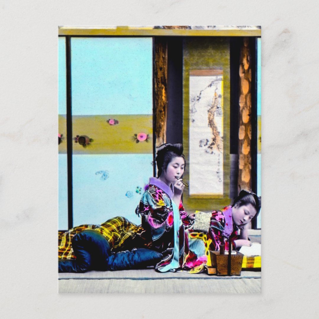 Two Geisha Smoking Before Bed Vintage Japan Postcard | Zazzle