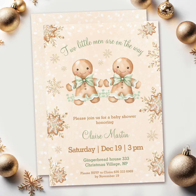 Two Gingerbread Men Twins Christmas Baby Shower Invitation | Zazzle