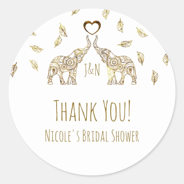Two Gold Elephants & Fall Leaves Wedding Favor Classic Round Sticker ...