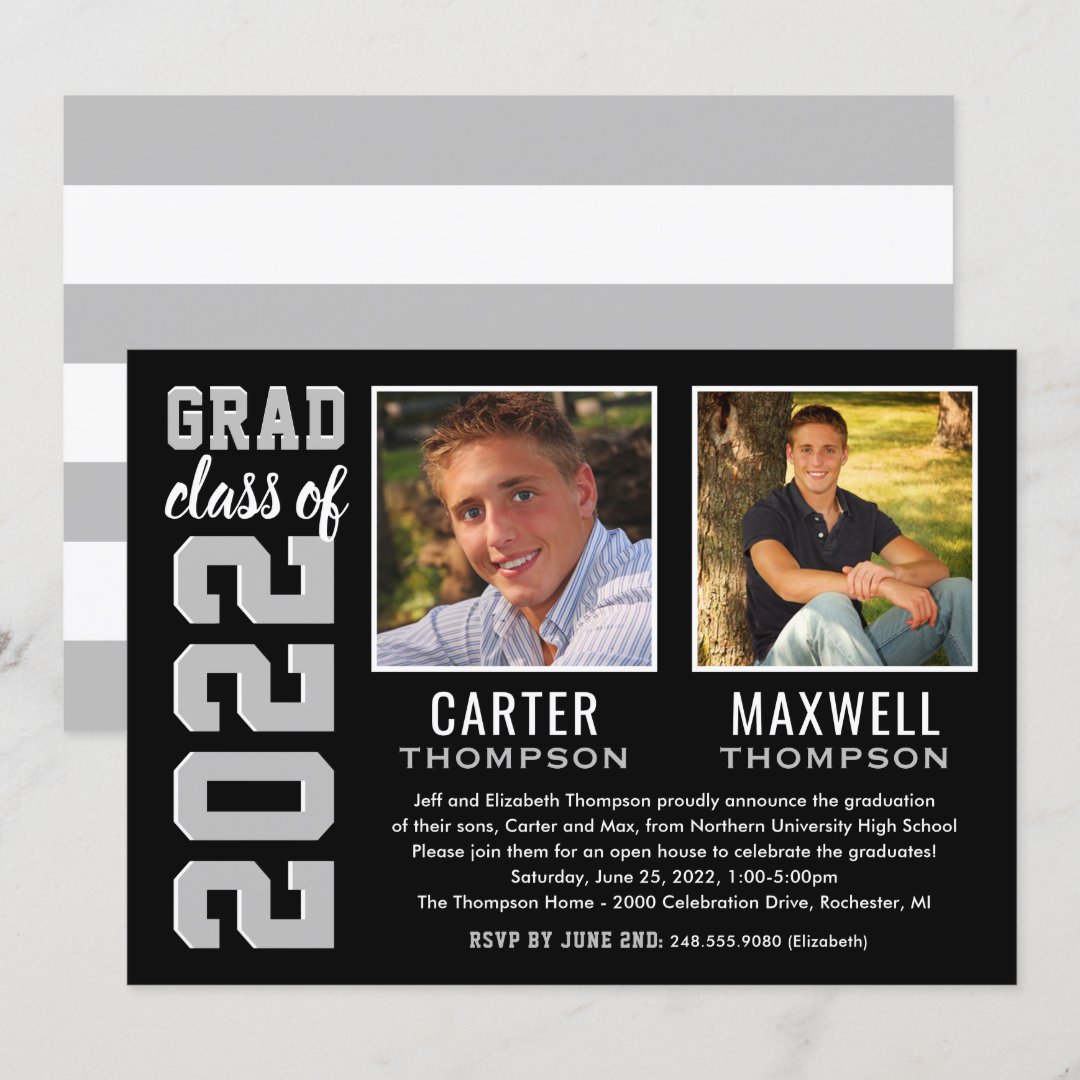 Two Graduates Black Gray Graduation Party Photo Invitation | Zazzle