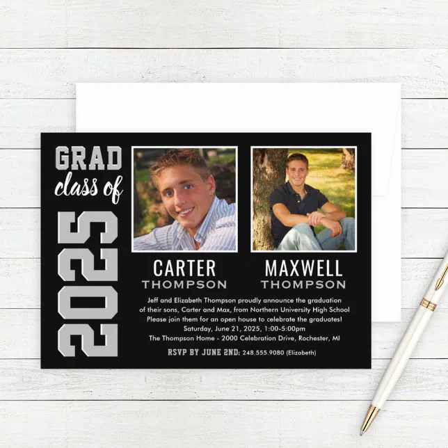 Two Graduates Black Gray Graduation Party Photo Invitation | Zazzle