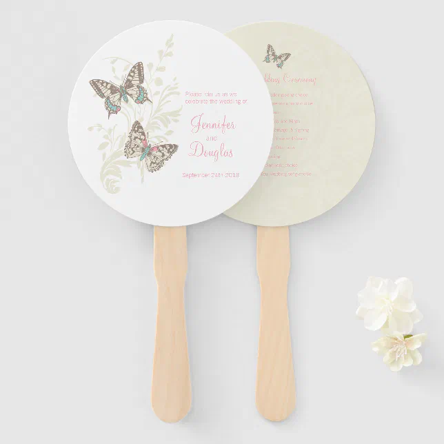 Two graphic inked butterflies wedding program fans | Zazzle