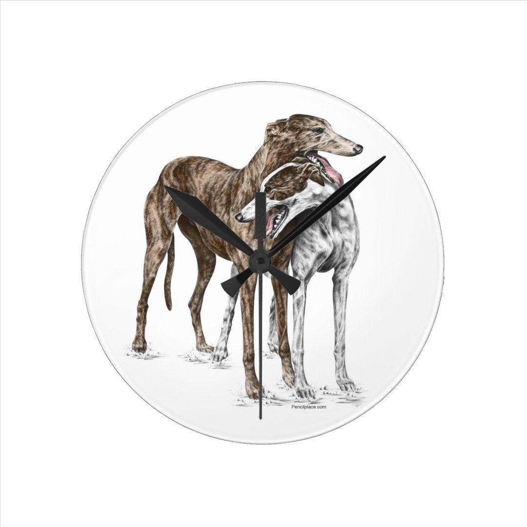 Two Greyhound Friends Dog Art Round Clock | Zazzle
