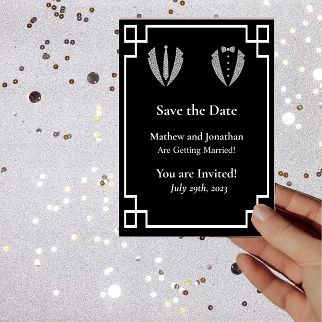 Two Grooms Gay Tuxedo Save the Date Card | Zazzle