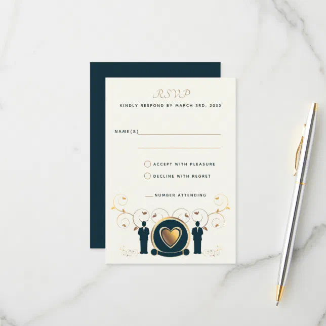 Two Grooms Gold Heart Cream Blue LGBTQ Wedding RSVP Card | Zazzle
