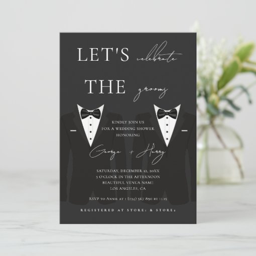 Two Grooms LGBTQ Tuxedo Stylish Wedding Shower Invitation | Zazzle