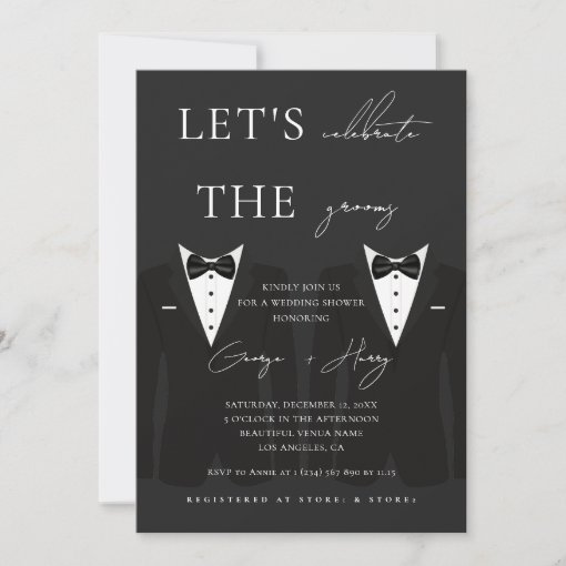 Two Grooms LGBTQ Tuxedo Stylish Wedding Shower Invitation | Zazzle