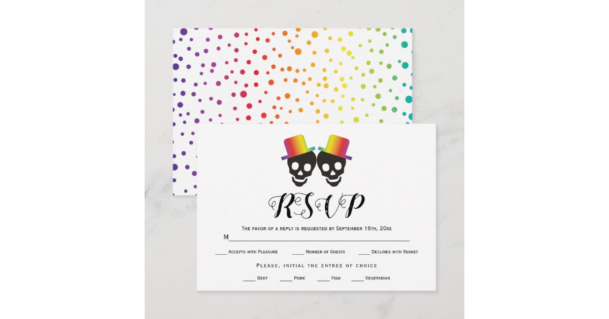 Two grooms rainbow colors confetti gay wedding RSVP card | Zazzle