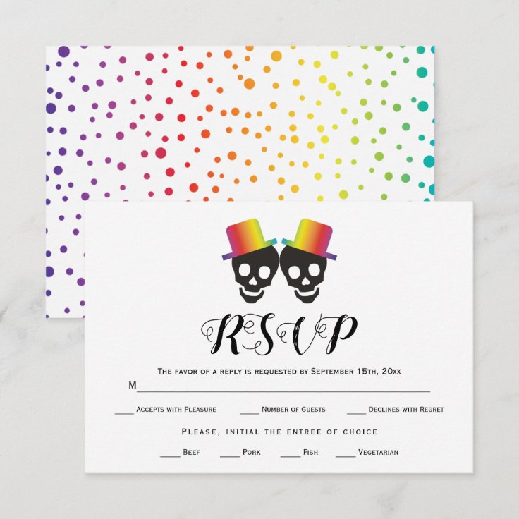 Two grooms rainbow colors confetti gay wedding RSVP card | Zazzle