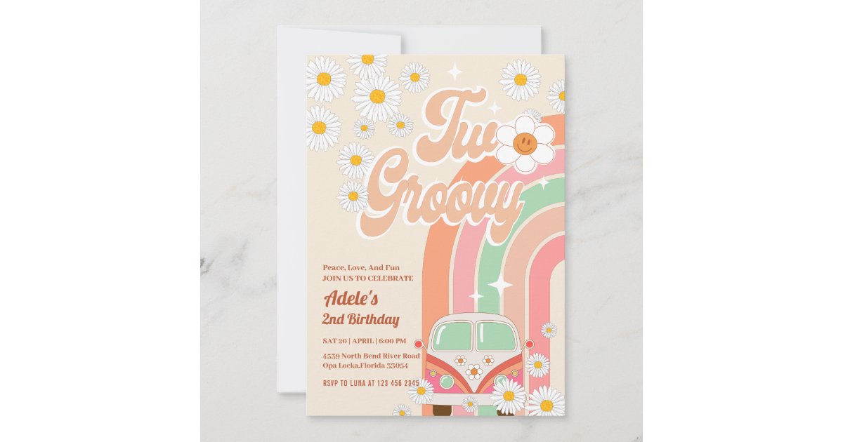 Two Groovy 2nd Birthday Pink Daisy Rainbow Van Invitation | Zazzle