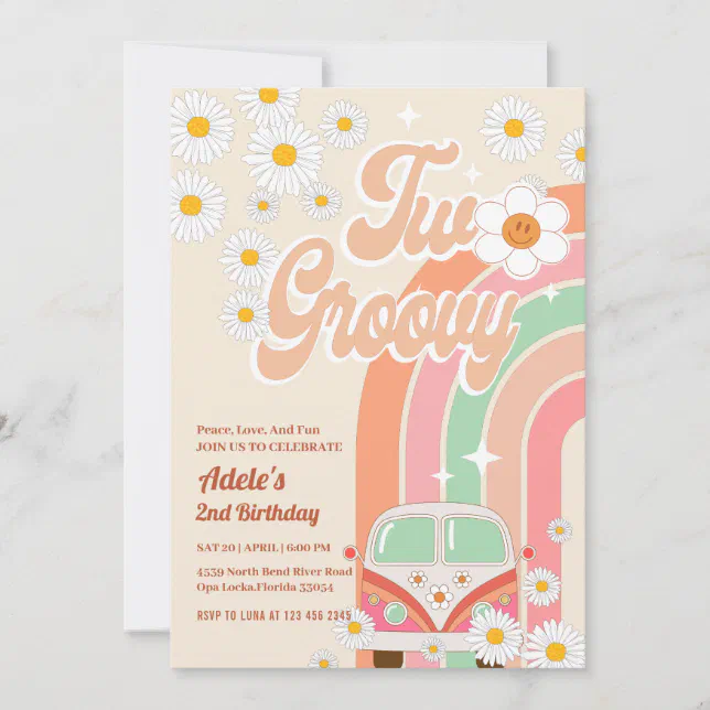 Two Groovy 2nd Birthday Pink Daisy Rainbow Van Invitation | Zazzle