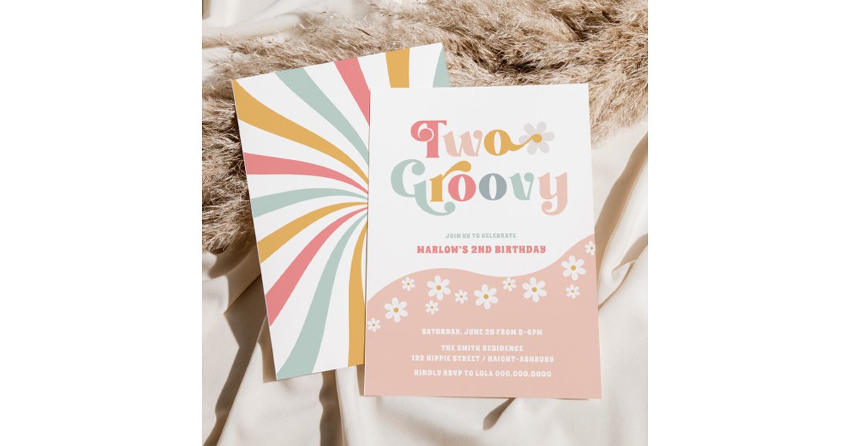 Two Groovy 2nd Birthday Pink Invitation | Zazzle