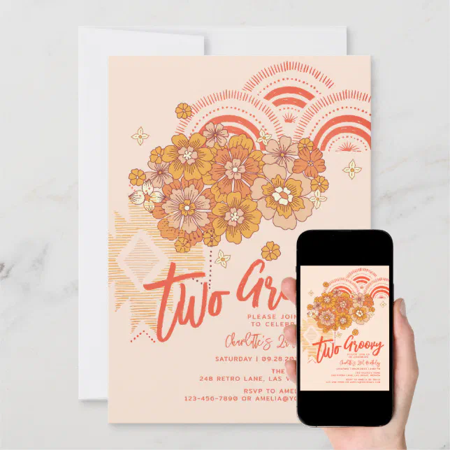 Two Groovy Boho Floral Groovy 2nd Birthday Party Invitation | Zazzle