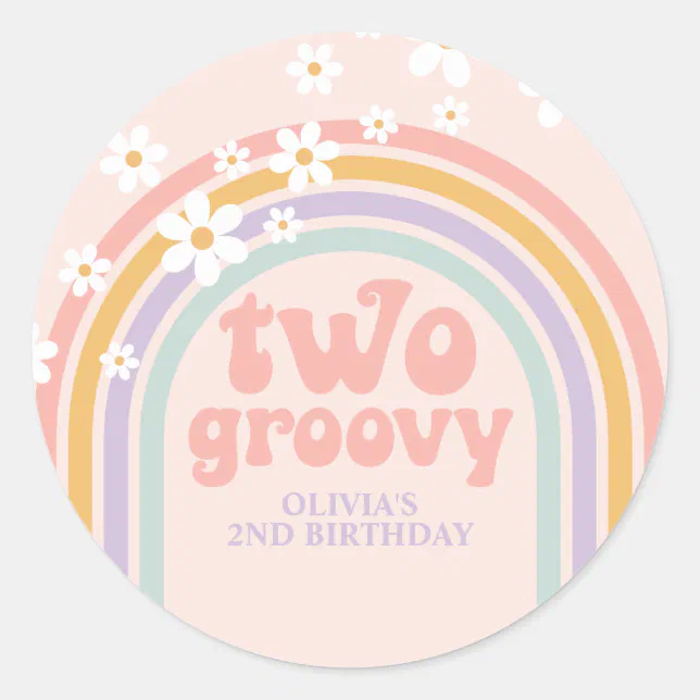 two Groovy Pastel rainbow 2ND birthday Classic Round Sticker | Zazzle