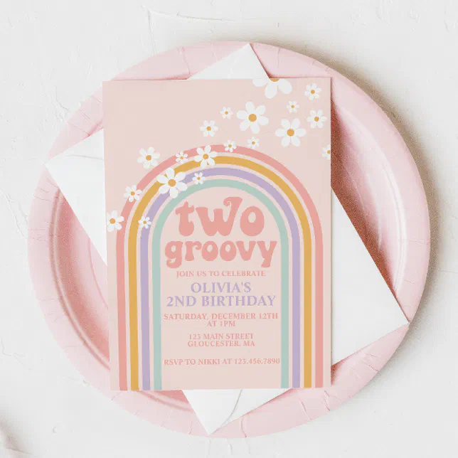 Two Groovy Pastel rainbow 2ND birthday Invitation | Zazzle