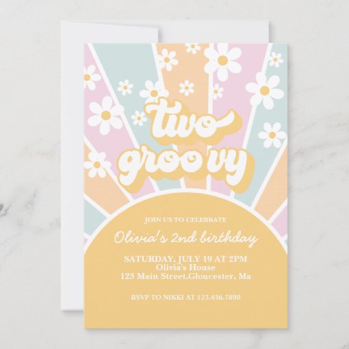 Two Groovy Pastel Retro Sunshine daisy boho floral Invitation | Zazzle