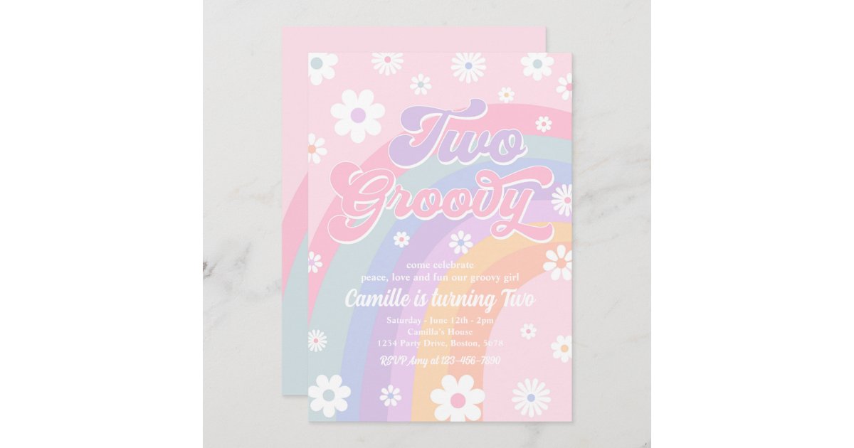 Two Groovy Retro Daisy Pastel Rainbow Birthday Invitation | Zazzle