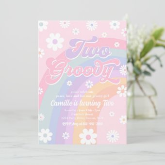 Two Groovy Retro Daisy Pastel Rainbow Birthday Invitation | Zazzle