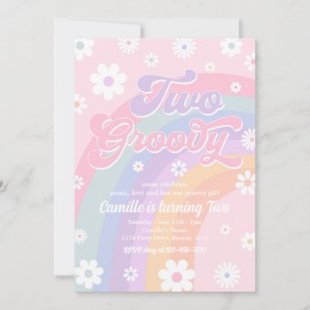 Two Groovy Retro Daisy Pastel Rainbow Birthday Invitation | Zazzle