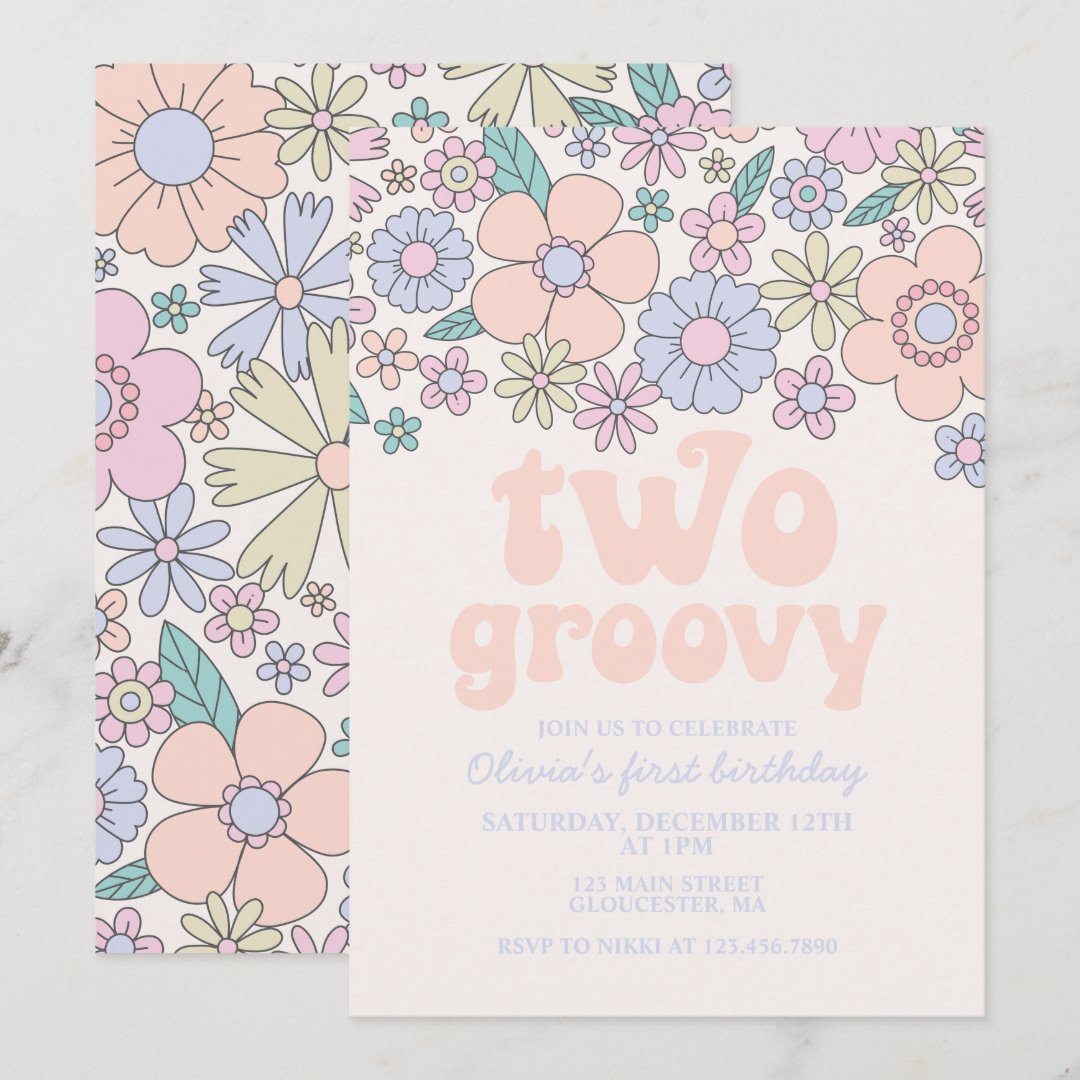 Two Groovy Retro Floral 2nd birthday Invitation | Zazzle