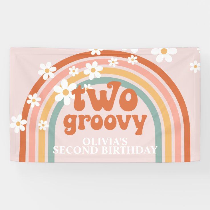 Two Groovy Retro Rainbow Daisy Birthday Banner | Zazzle