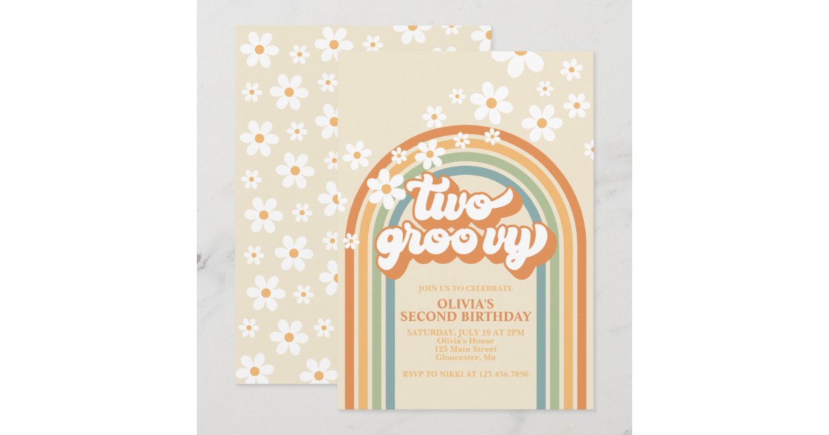 Two Groovy Retro Rainbow Daisy Birthday Invitation | Zazzle