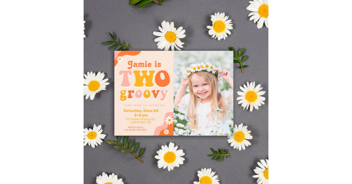 Two Groovy Retro Second Birthday Photo Invitation | Zazzle