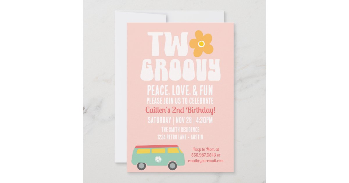 Two Groovy Second Birthday Retro Flower Peace Van Invitation | Zazzle