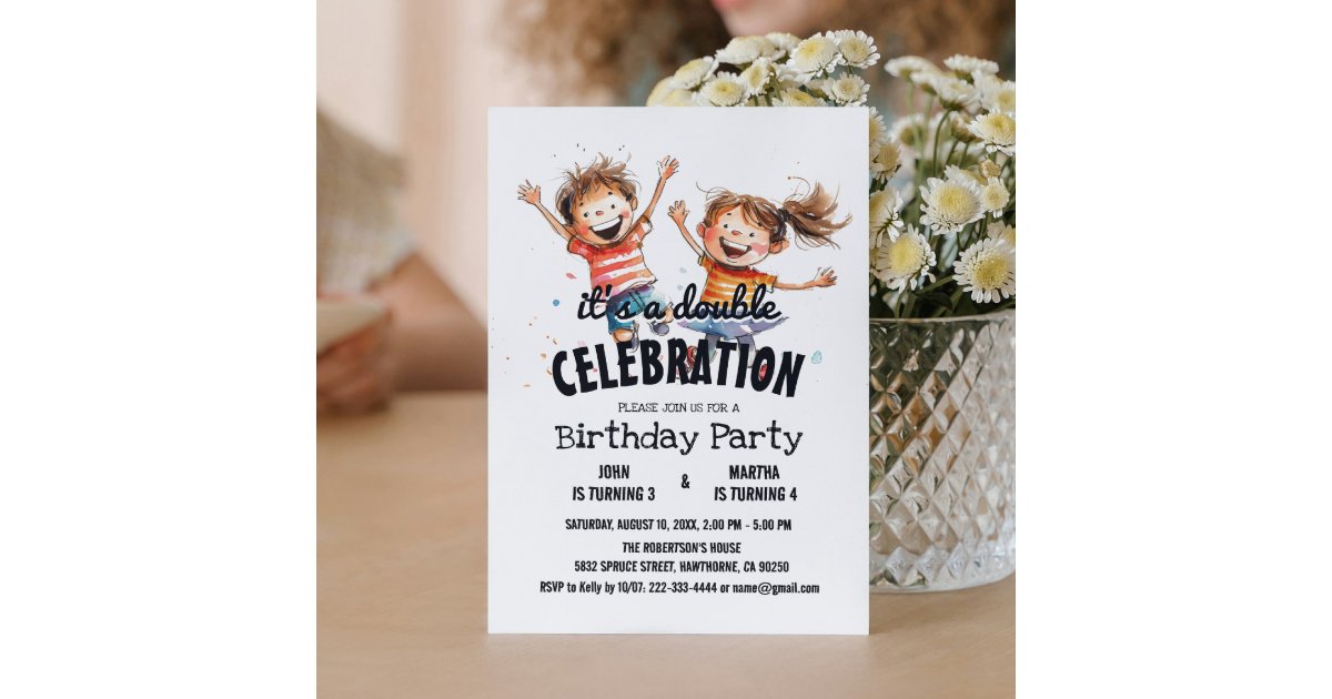 Two Happy Kids Double Birthday Party Invitation | Zazzle