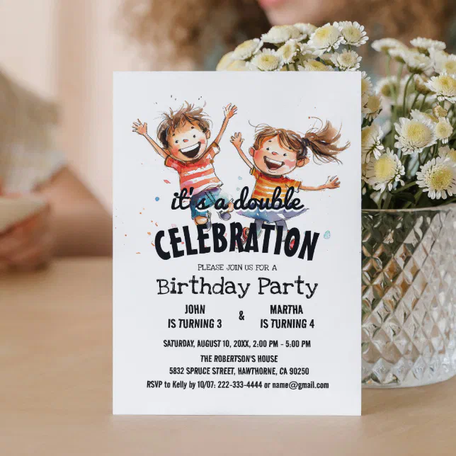 Two Happy Kids Double Birthday Party Invitation | Zazzle