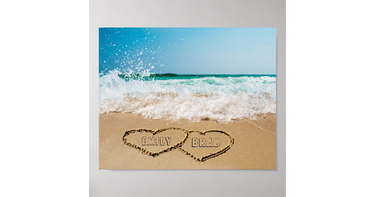 Two Hearts Personalized Names In Sand Picture Poster | Zazzle
